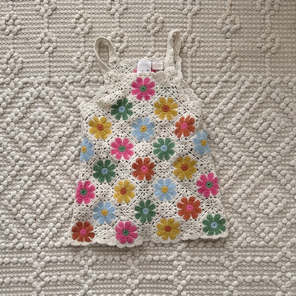 Zara | Dresses | Zara Crochet Dress With Pink Green And Yellow Flowers ...